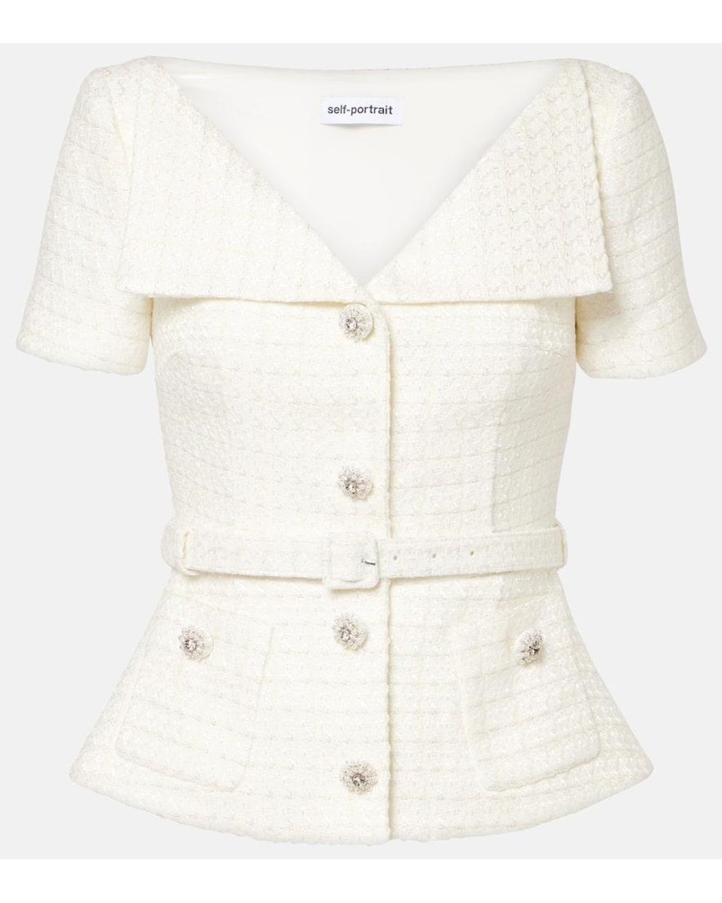 Self-Portrait Belted Boucle Top in White | Lyst