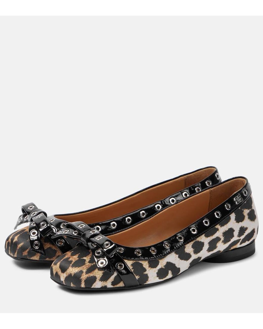Ganni Eyelet Bow Leopard-Print Satin Ballet Flats in Black | Lyst