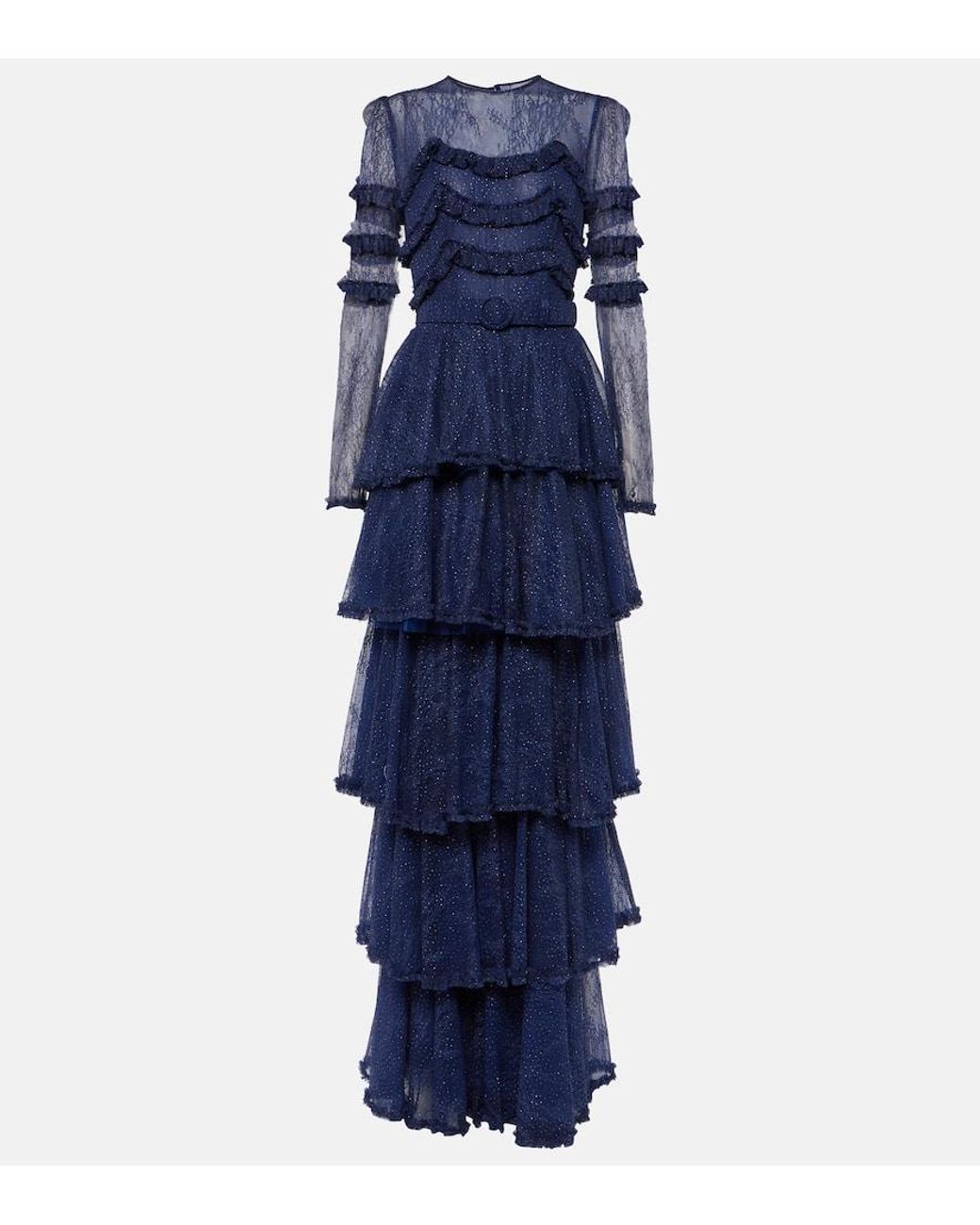 Costarellos Frill-Trimmed Tiered Lace Gown in Blue | Lyst