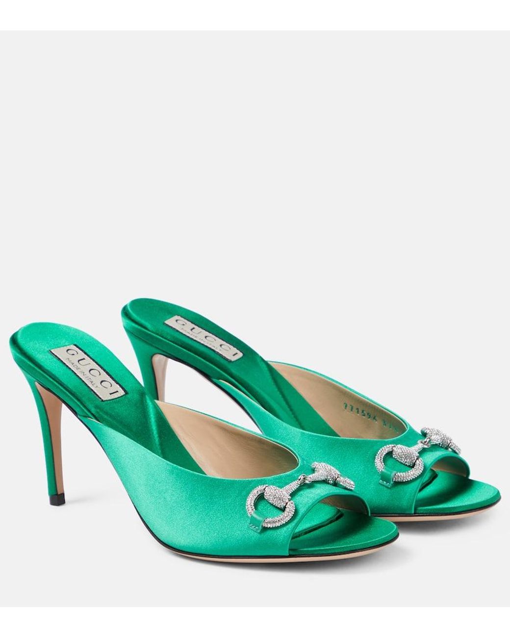 Gucci Horsebit Embellished Satin Mules in Green | Lyst