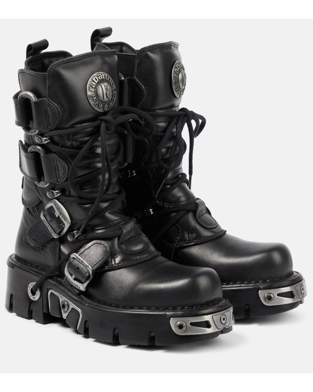 Rabanne X New Rock Embellished Leather Biker Boots in Black | Lyst UK