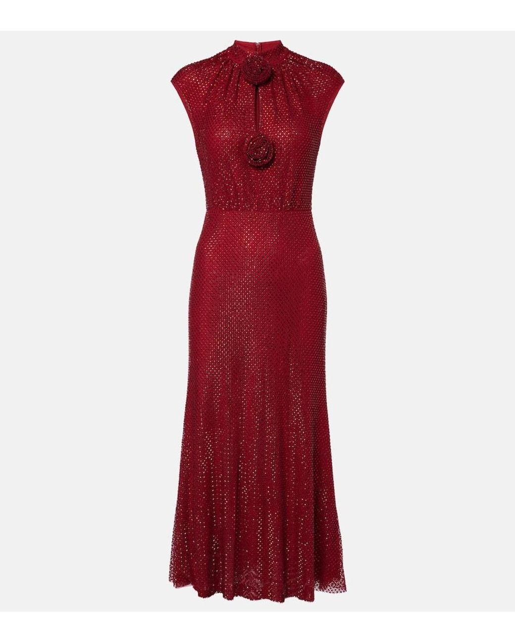 Self-Portrait Embellished Fishnet Midi Dress in Red | Lyst