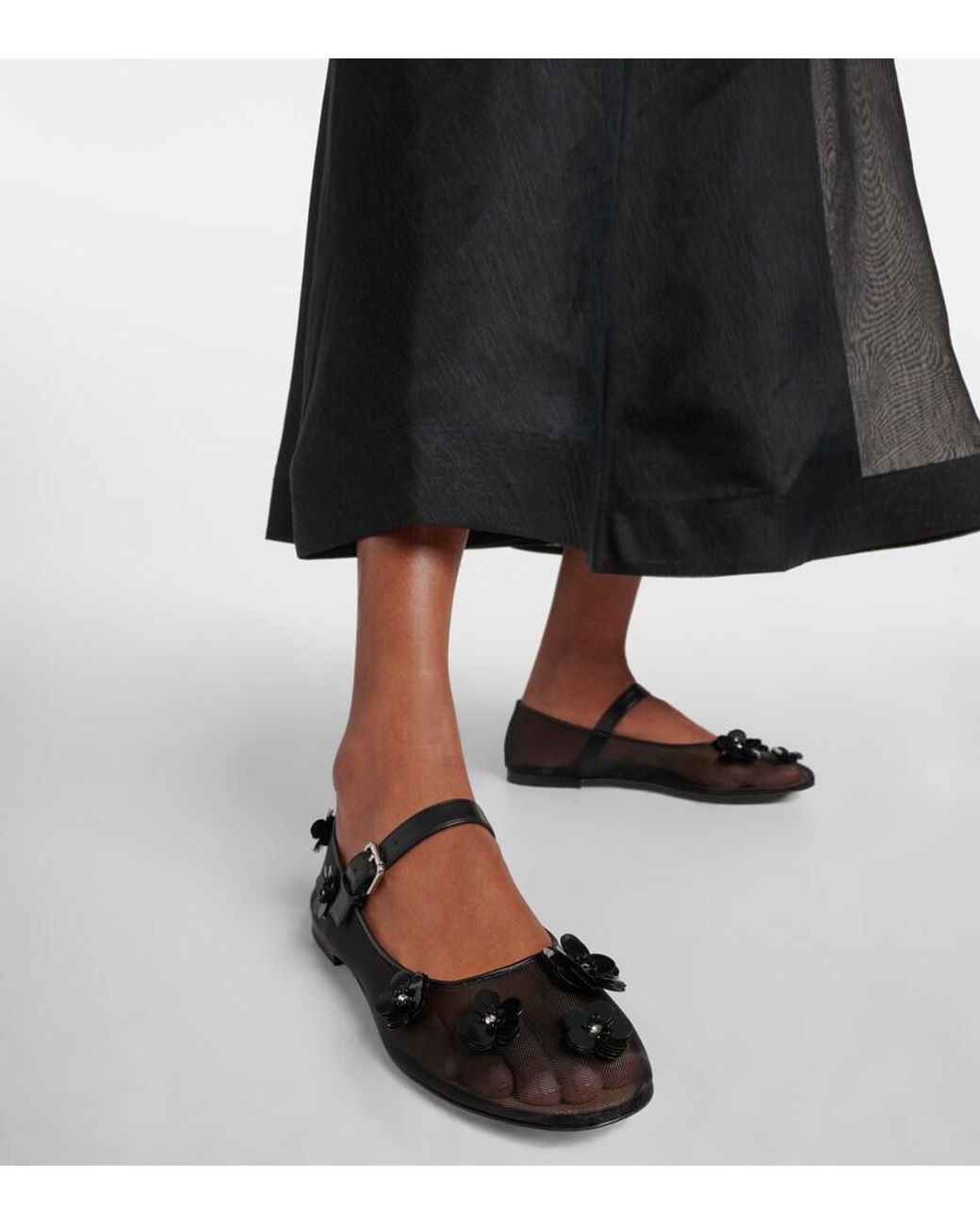 Mach & Mach Sequined Floral-Applique Mary Jane Flats in Black | Lyst