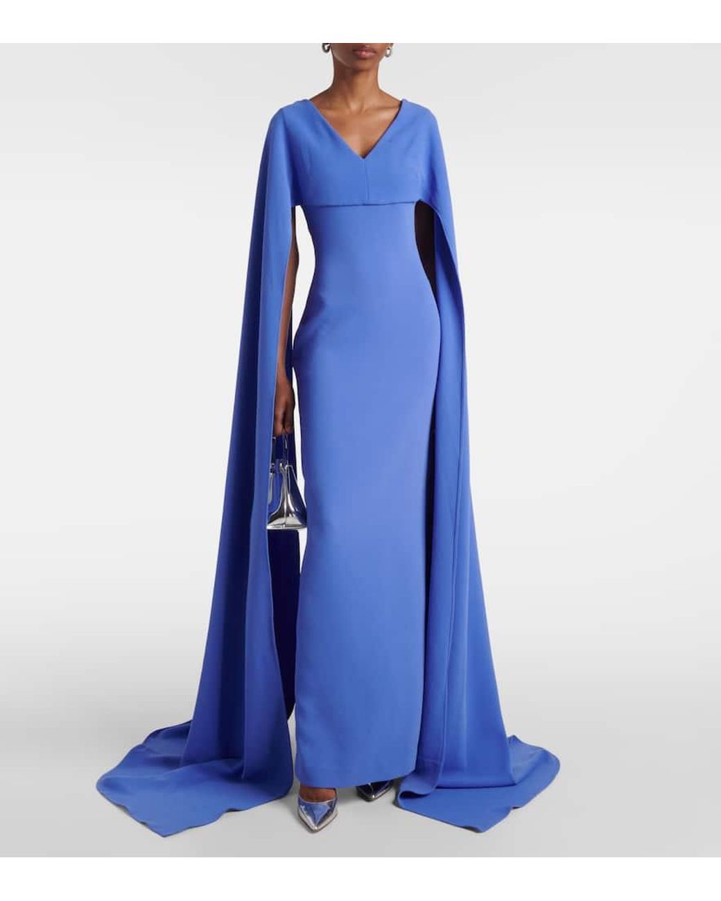 Solace London Morgan Caped Crepe Gown in Blue | Lyst