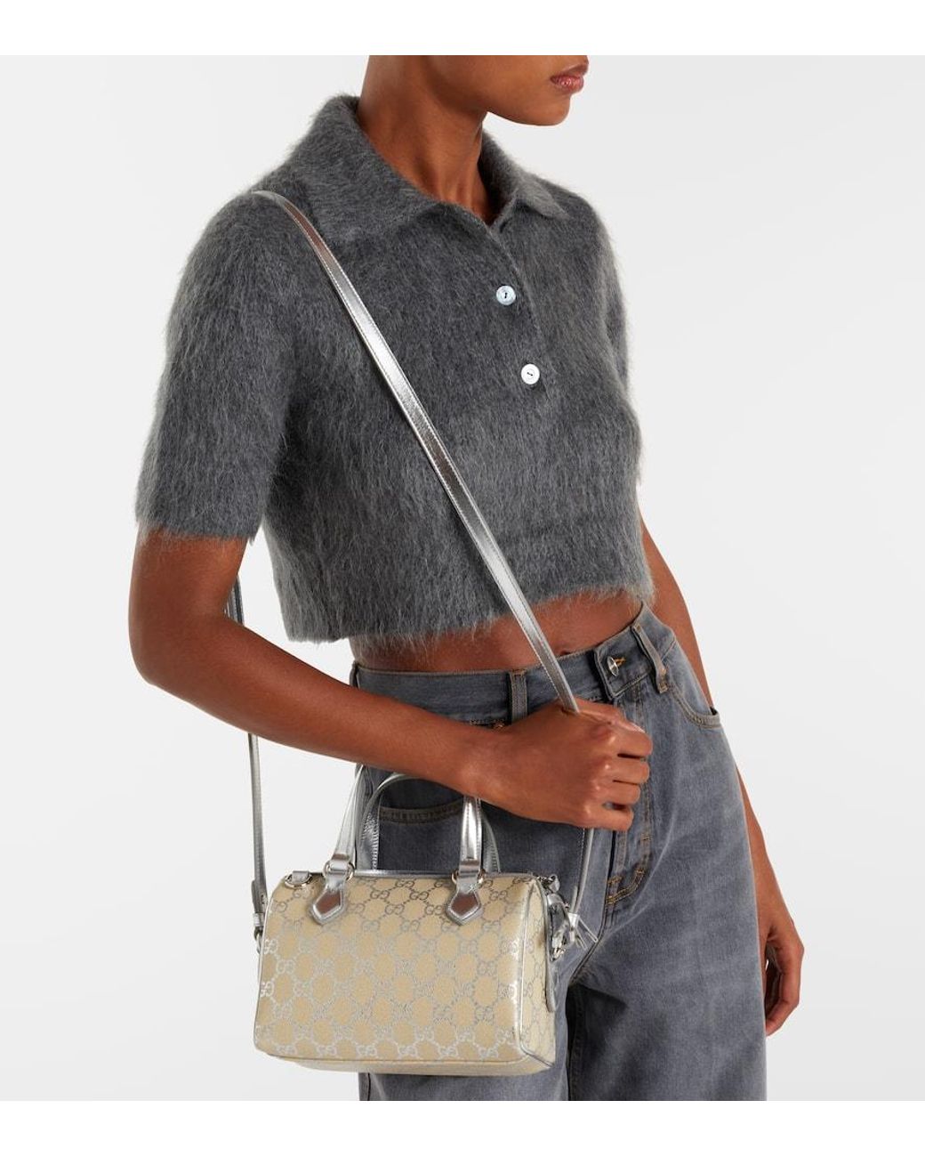 Gucci Gg Emblem Small Top-Handle Bag in Natural | Lyst