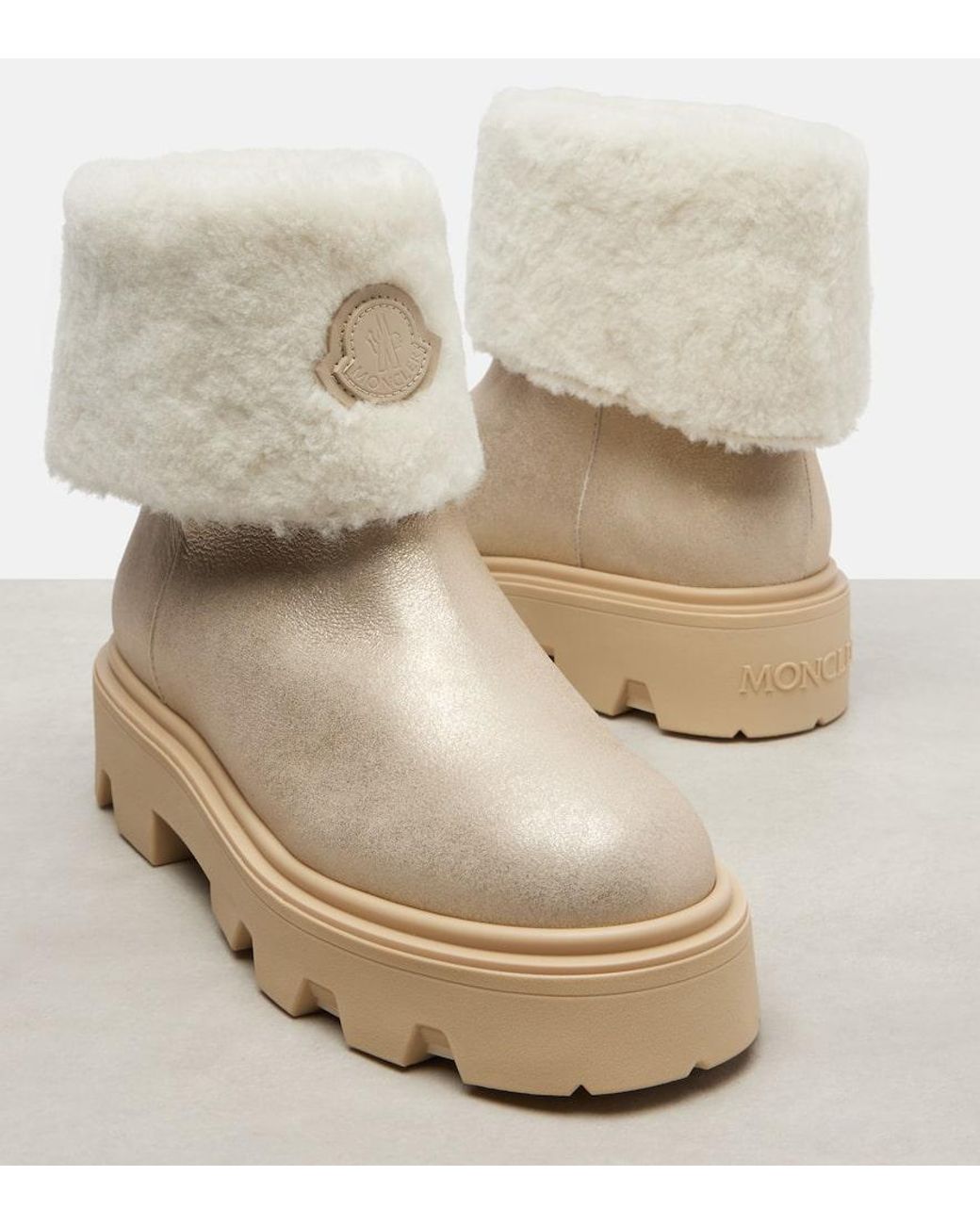 Moncler Aurea Shearling-Trimmed Leather Ankle Boots in Natural | Lyst