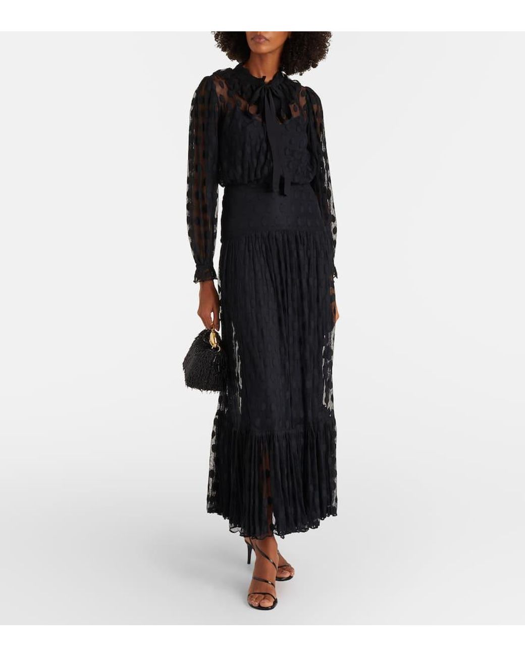 Ulla Johnson Soraya Polka-Dot Tie-Neck Mesh Maxi Dress in Black | Lyst