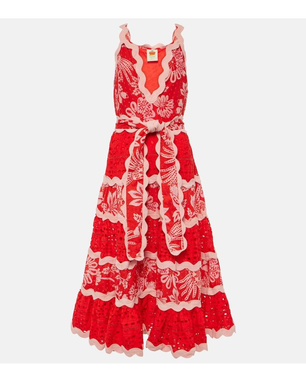 FARM Rio Broderie Anglaise Floral Cotton Midi Dress in Red | Lyst