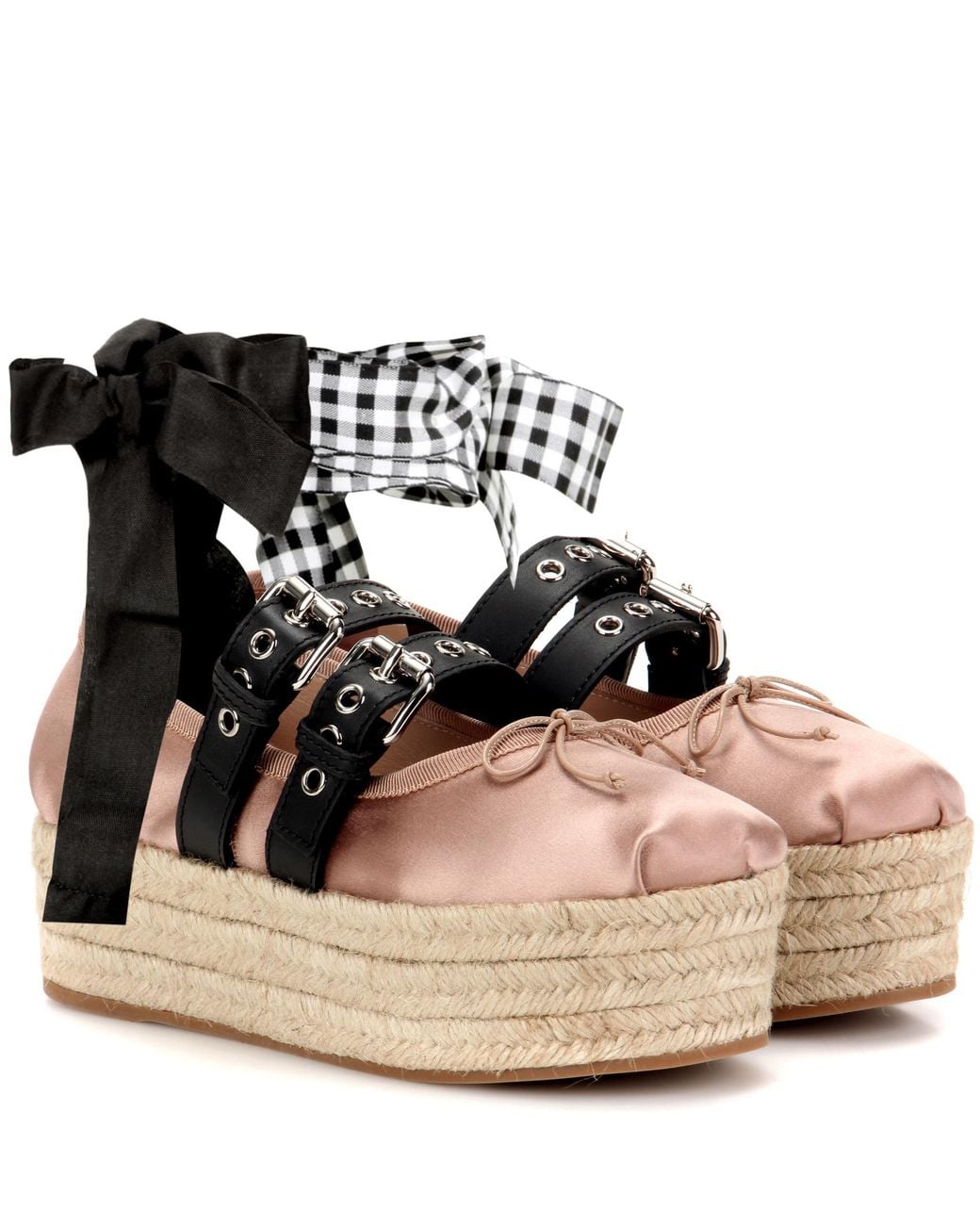 Miu Miu Satin And Leather Platform Ballerinas in Pink | Lyst