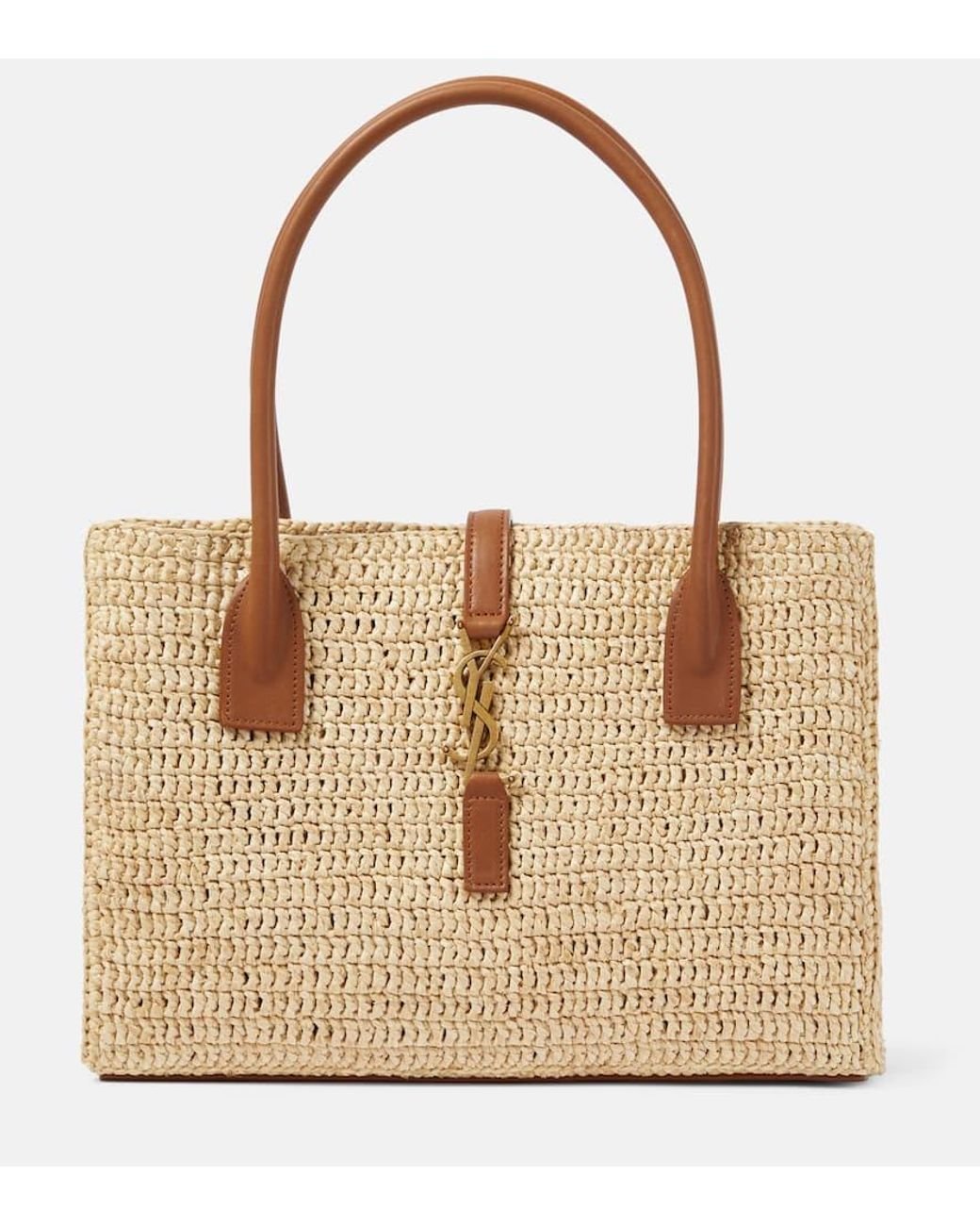 Saint Laurent Panier Rectangle Leather-trimmed Raffia Tote Bag in Brown ...