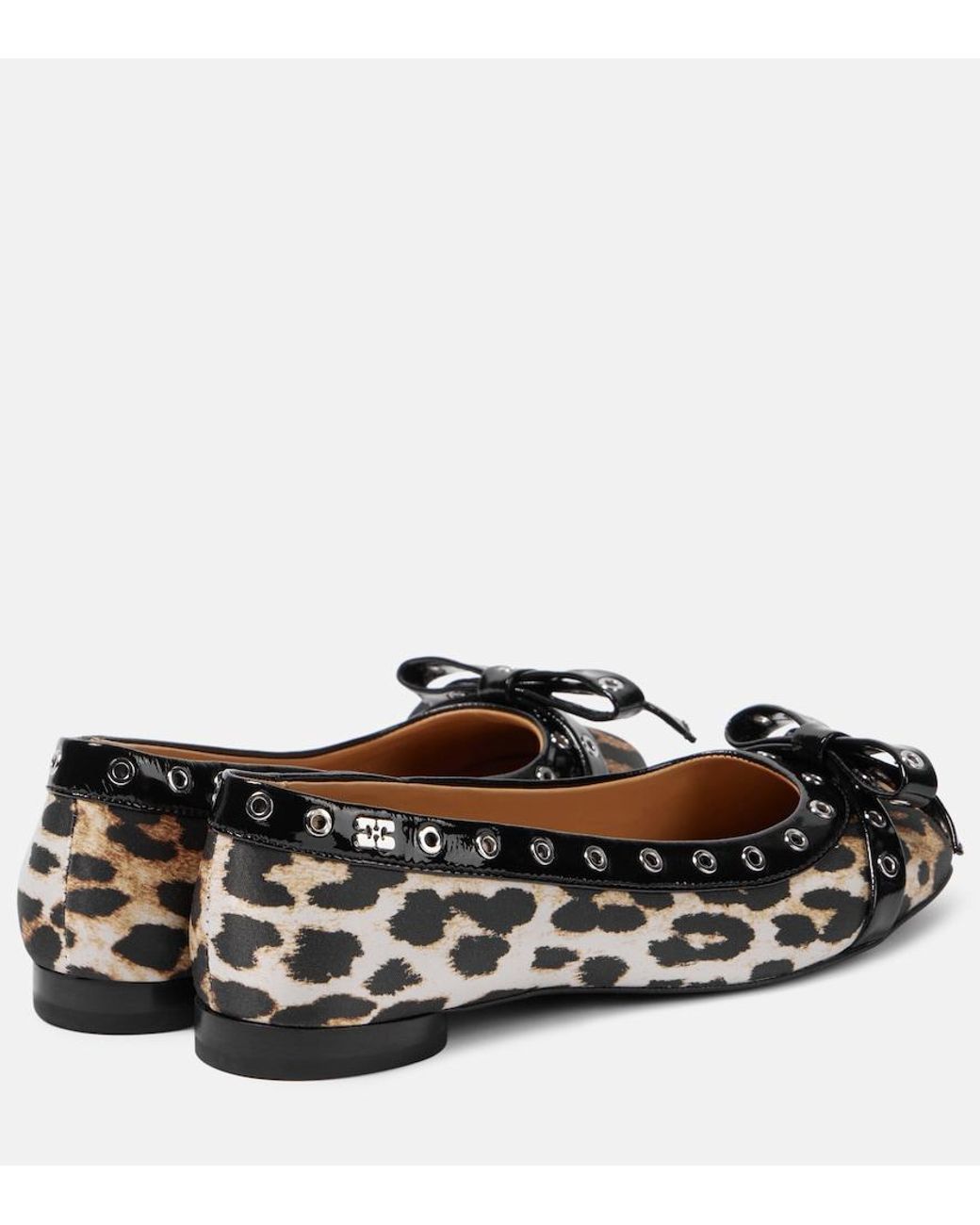 Ganni Eyelet Bow Leopard-Print Satin Ballet Flats in Black | Lyst
