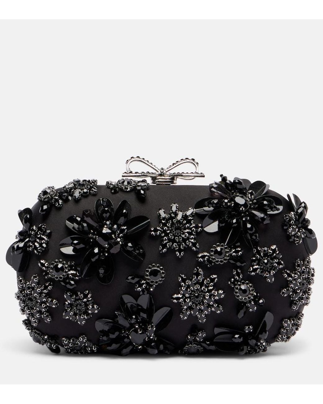 Self-Portrait Crystal-Embellished Floral Satin Clutch in Black | Lyst