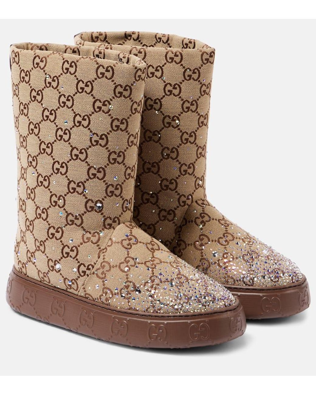 Gucci Gg Canvas Crystal-Embellished Boots in Brown | Lyst