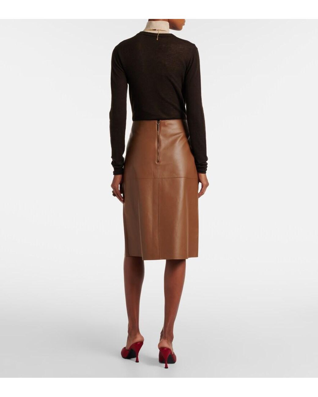 JOSEPH Niven Leather Midi Skirt in Brown | Lyst