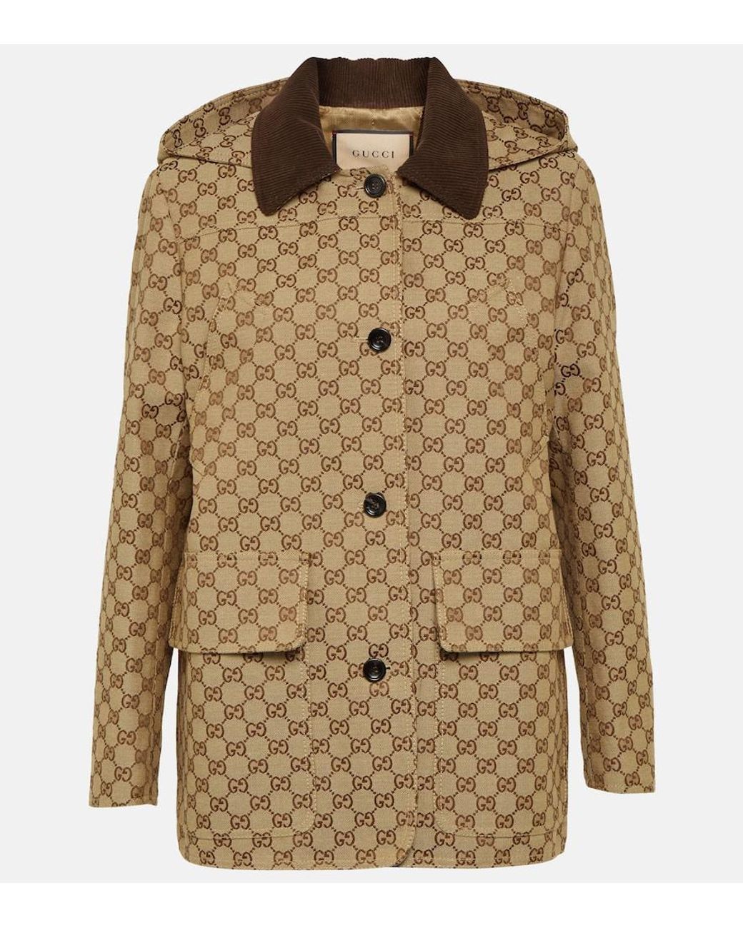 Gucci Gg Cotton Blend Canvas Peacoat in Brown Lyst