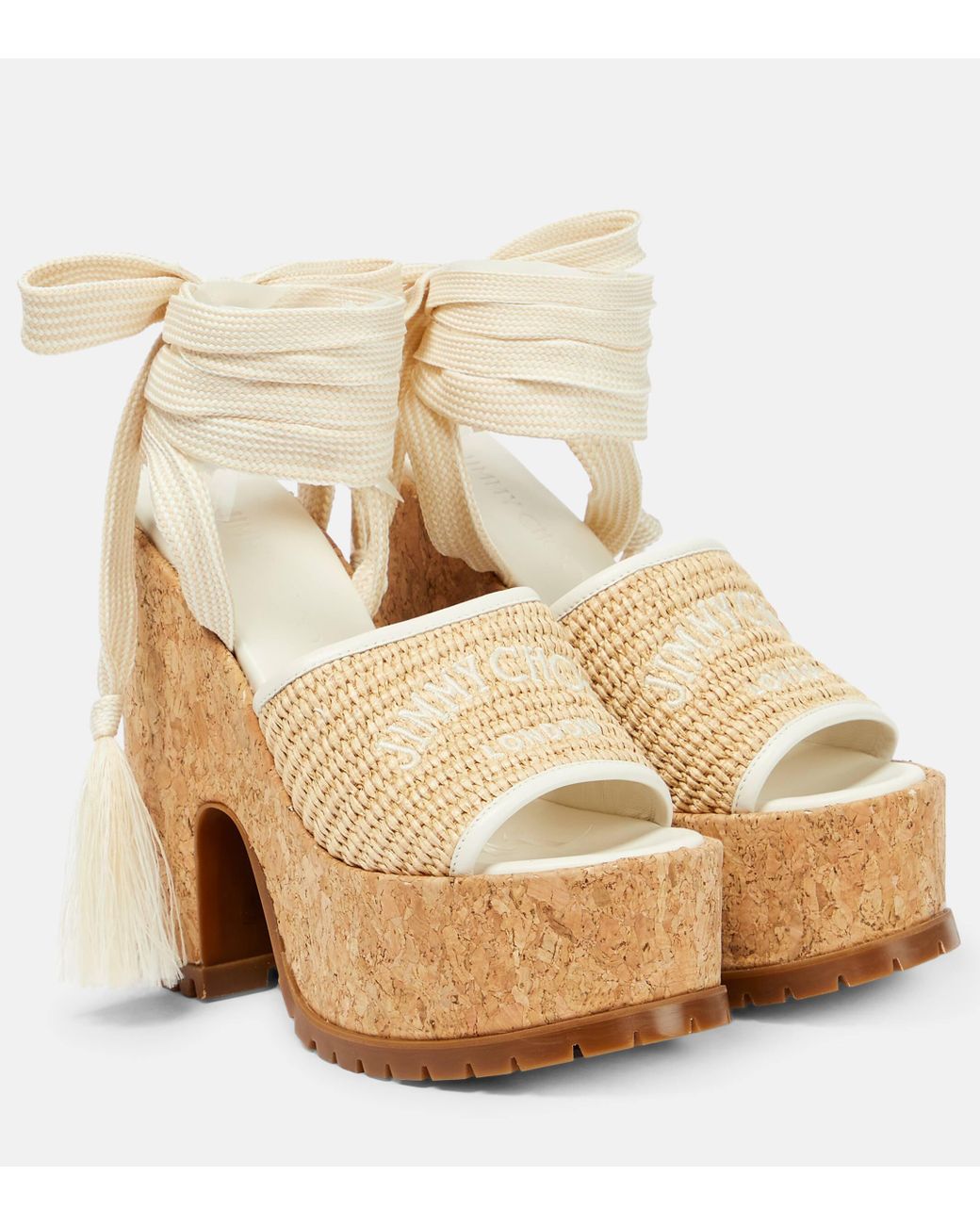 Jimmy Choo Gal Wedge 130 Raffia Platform Sandals in Natural | Lyst ...