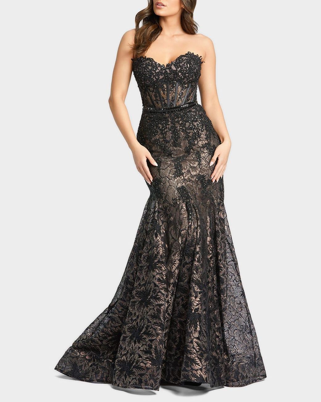 Mac Duggal Strapless Sequin Lace Trumpet Gown in Black | Lyst