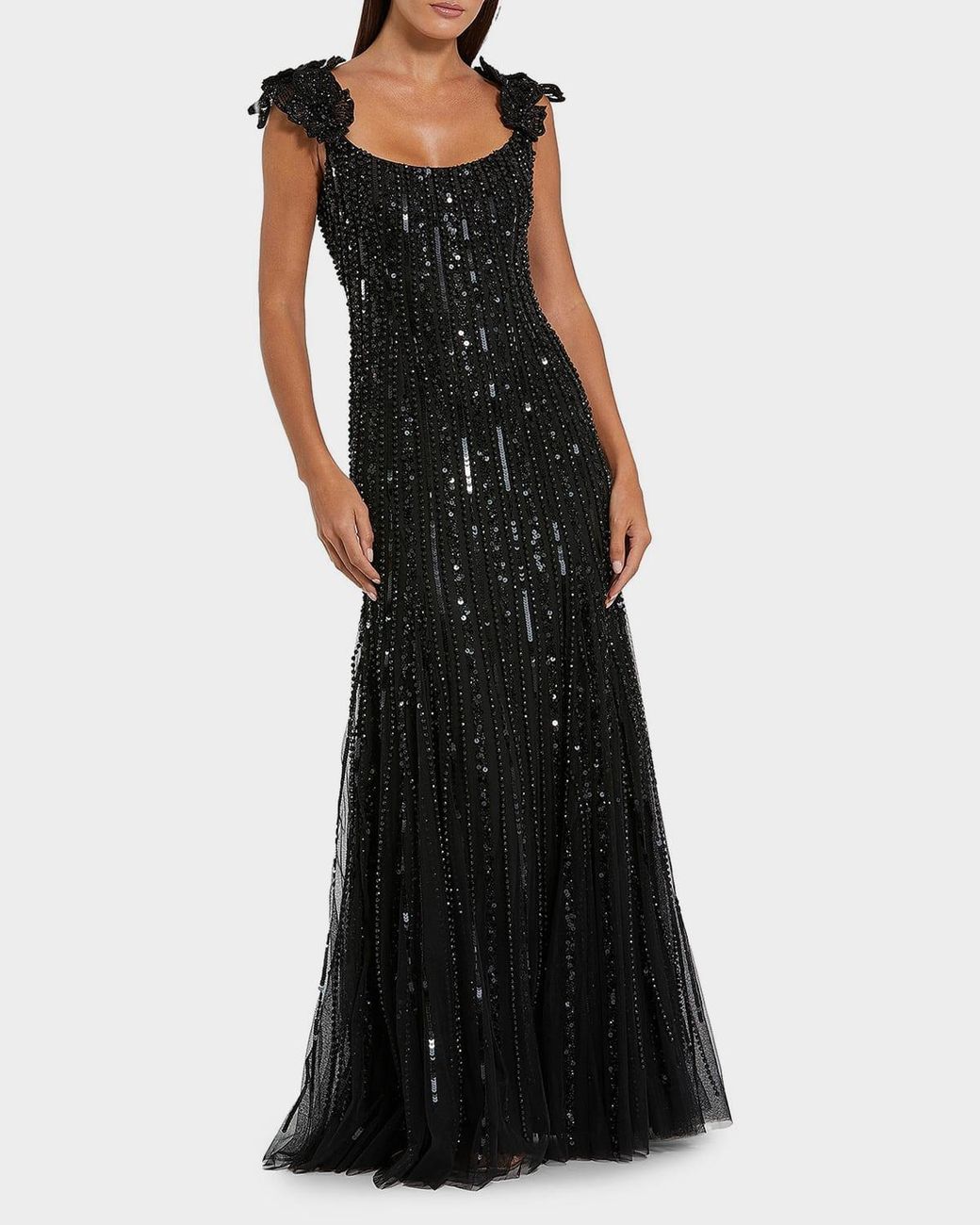 Mac Duggal Evening Beaded Floral Mesh Gown in Black | Lyst