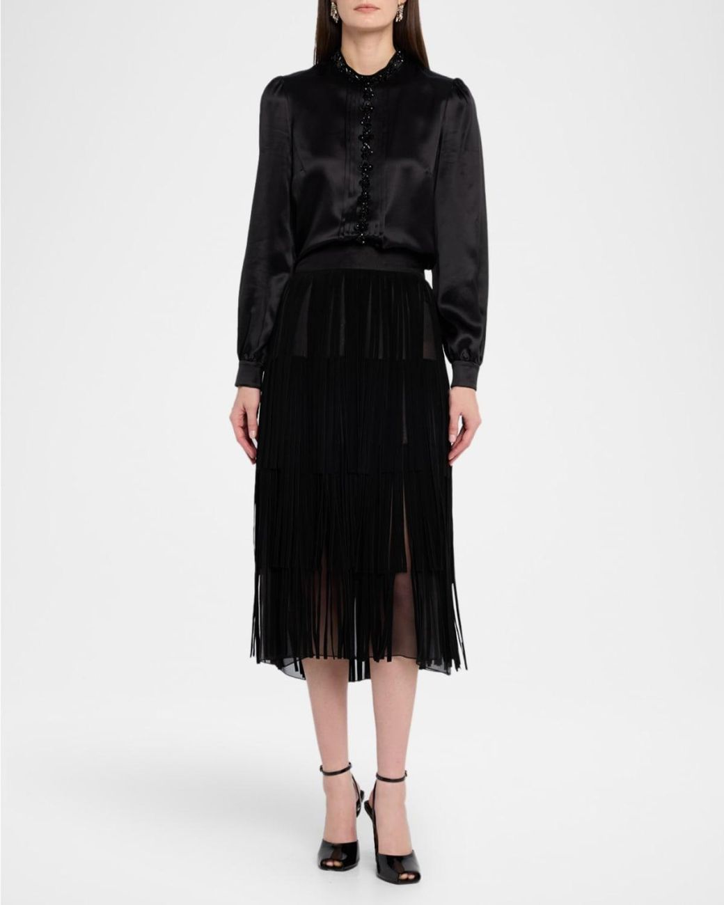 Dolce & Gabbana Tiered Fringe Silk Organza Midi Skirt in Black | Lyst