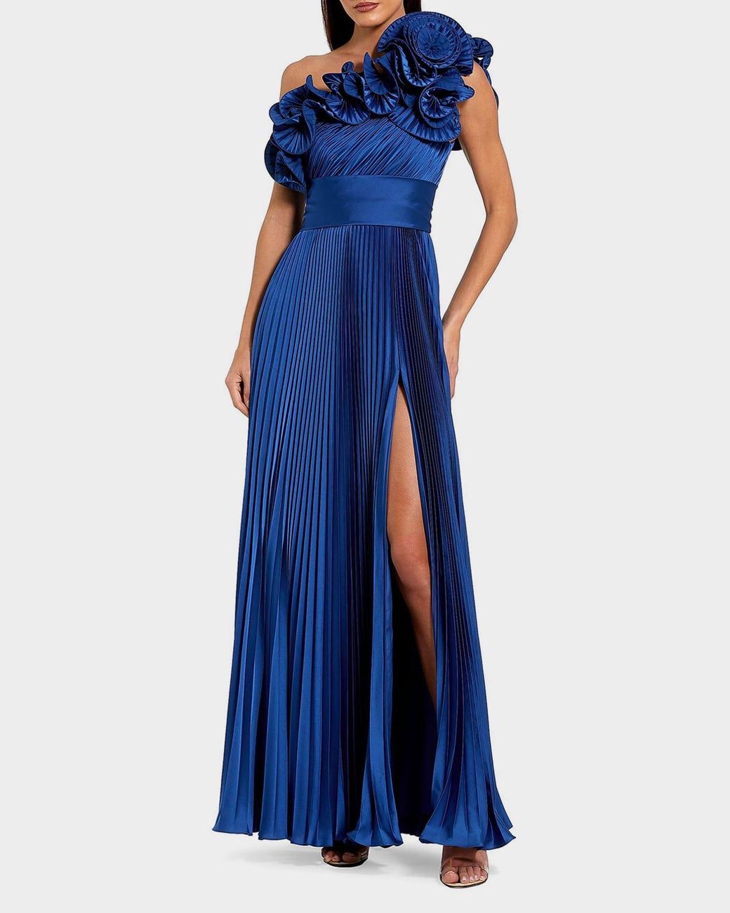 Mac Duggal One-Shoulder Pleated Charmeuse Ruffle Gown in Blue | Lyst