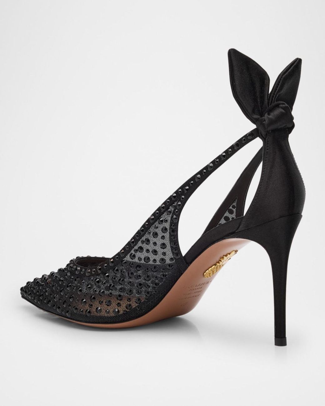 Aquazzura Crystal Satin Mesh Bow Pumps in Black | Lyst