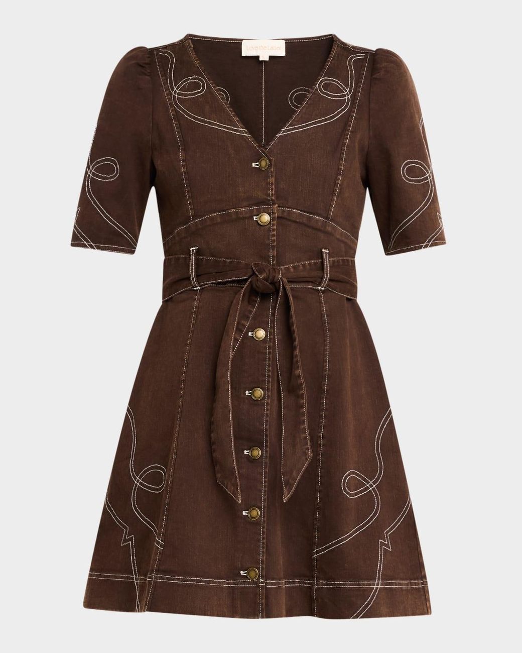 LOVE THE LABEL Ines Belted Denim Mini Dress in Brown | Lyst