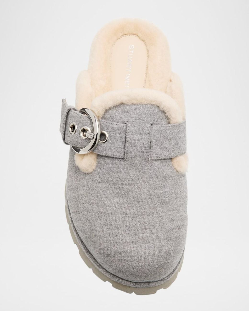 Stuart Weitzman Chrystie Shearling-Lined Flannel Mules in White | Lyst