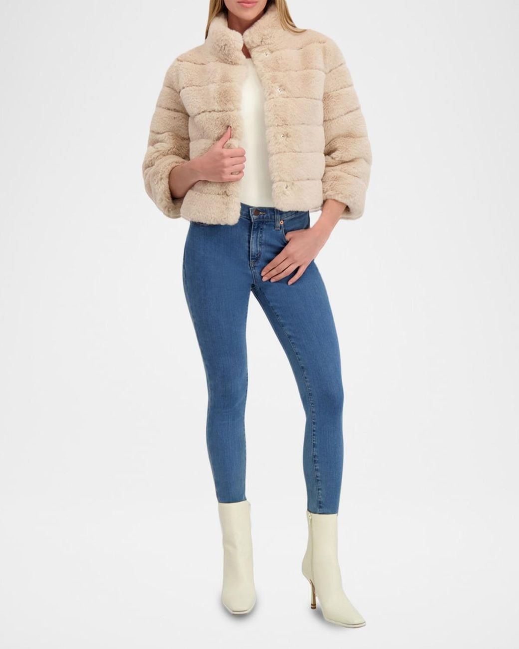 Lyla Grant Fur-Free Short Faux Rabbit Coat in Natural | Lyst