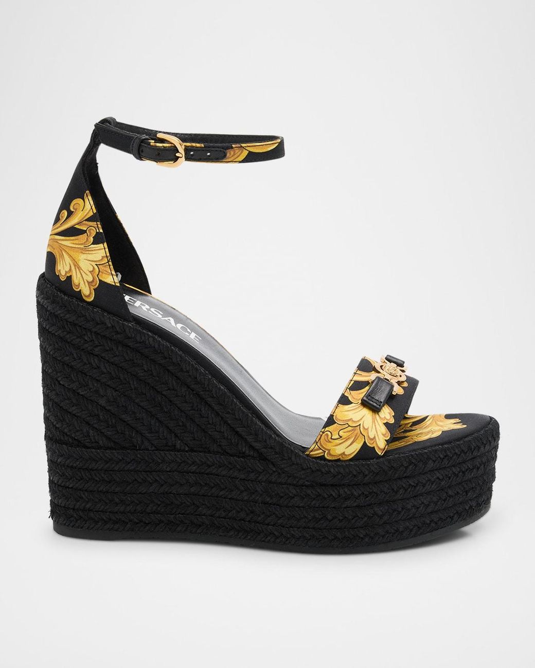 Versace Medusa Baroque Silk Ankle-Strap Wedge Espadrilles in Black | Lyst