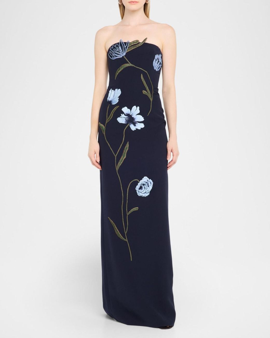 Lela Rose Floral Cord Embroidered Strapless Column Gown in Blue | Lyst