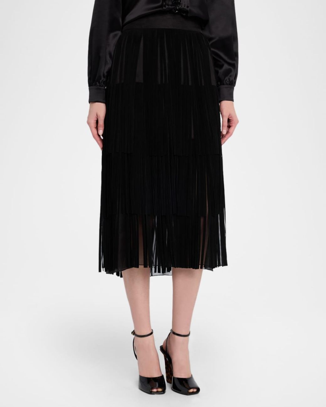 Dolce & Gabbana Tiered Fringe Silk Organza Midi Skirt in Black | Lyst