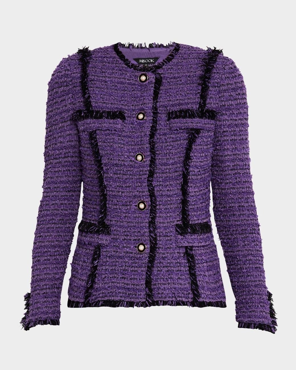 Misook Fringe-Trim Tailored Tweed Knit Jacket in Purple | Lyst