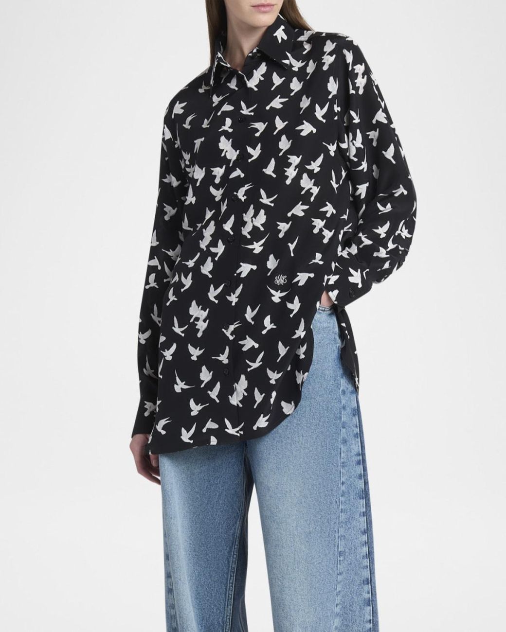 Stella McCartney Flying Bird Silk Oversized Button-Down Shirt in Black | Lyst