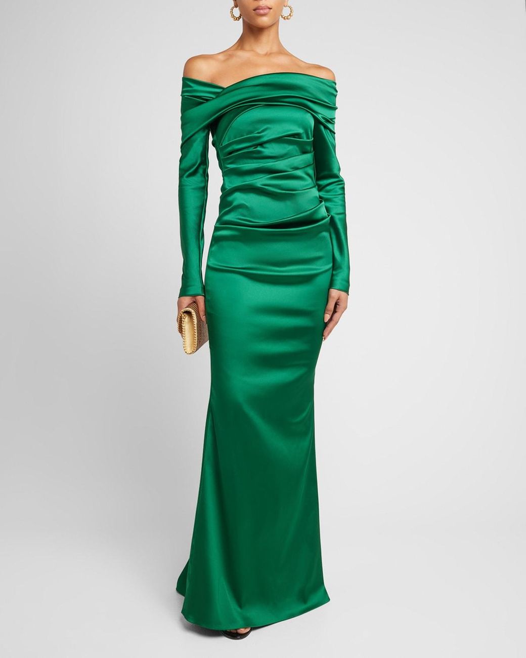 Talbot Runhof Draped Off-The-Shoulder Stretch Satin Duchesse Gown in ...