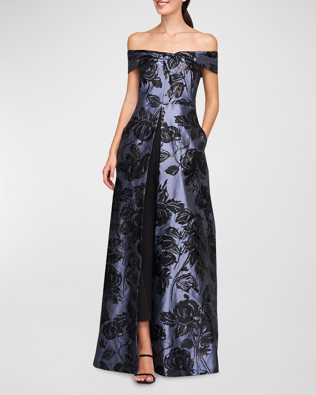 Kay Unger Kiana Off-Shoulder Jacquard Walk-Thru Jumpsuit in Blue | Lyst