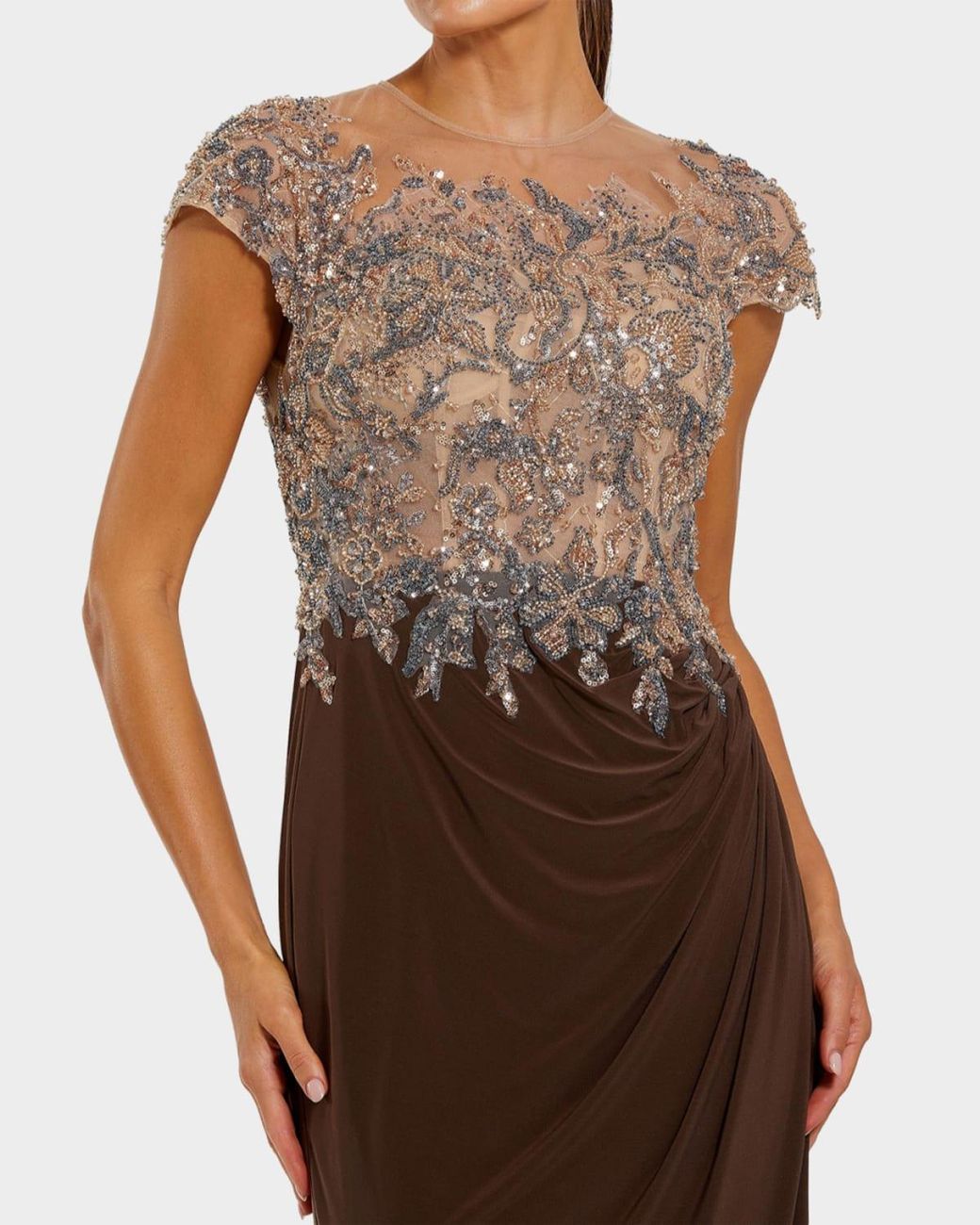 Mac Duggal Evening Crystal-Embellished Jersey Gown in Brown | Lyst