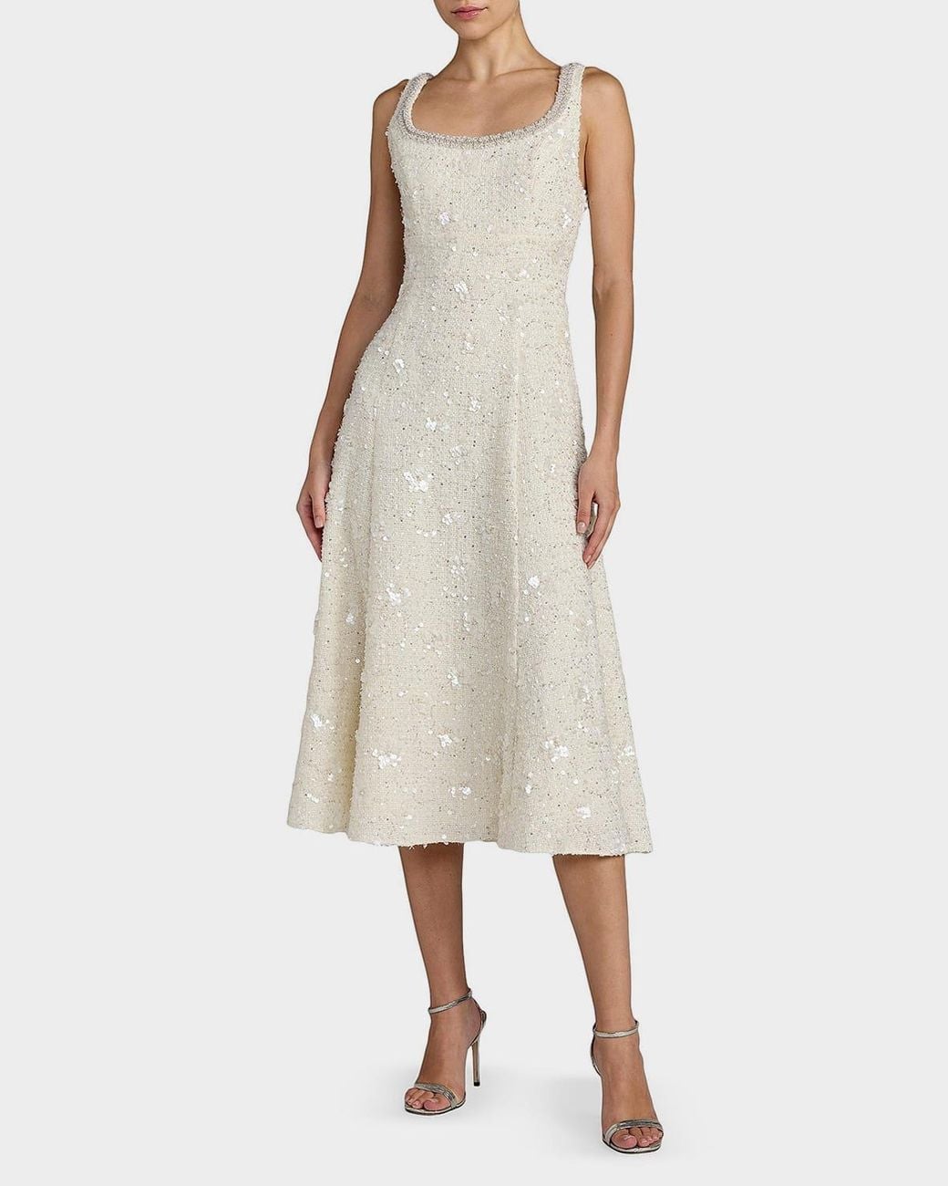 Mac Duggal Boucle Embellished Square Neck A-Line Midi Dress in Natural ...