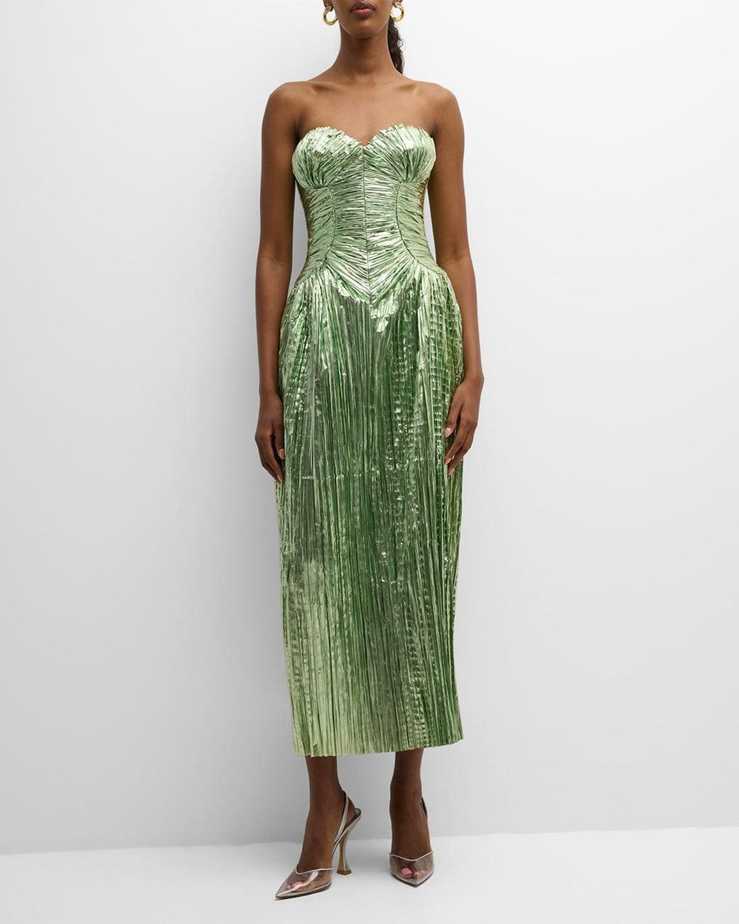 Cult Gaia Ashika Strapless Metallic Plisse Gown in Green | Lyst