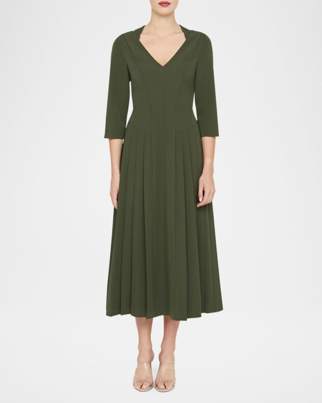 Kay Unger Enola Pleated Stretch Crepe Midi Dress in Green | Lyst