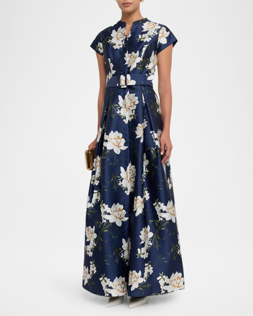 Sachin & Babi Marta Pleated Floral-Print Mikado Gown in Blue | Lyst