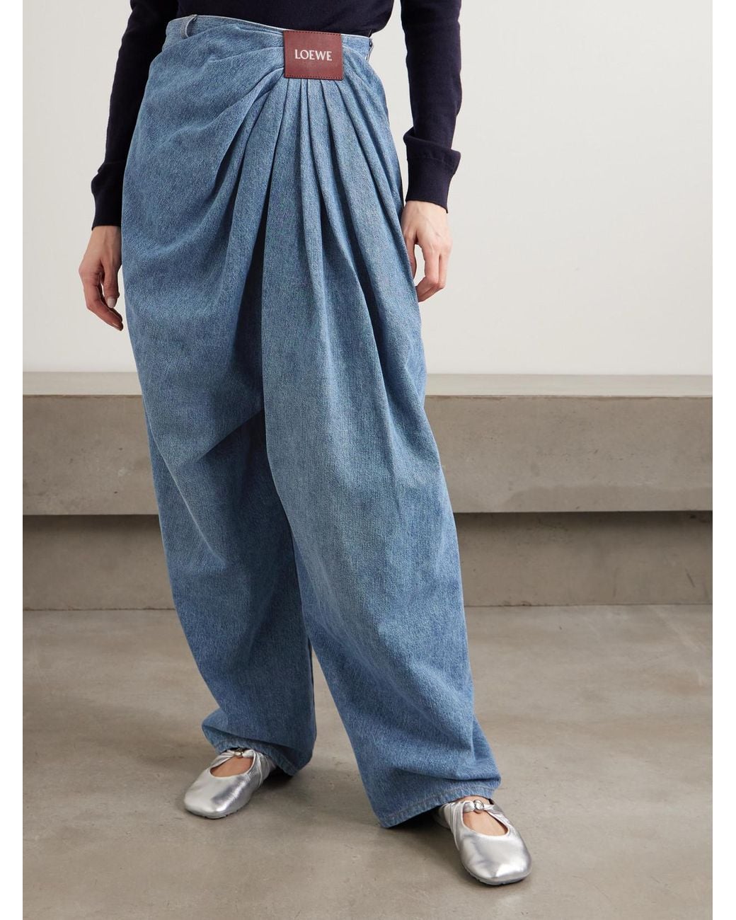 Loewe Leather-Trimmed Draped Gathered High-Rise Wide-Leg Jeans in Blue ...