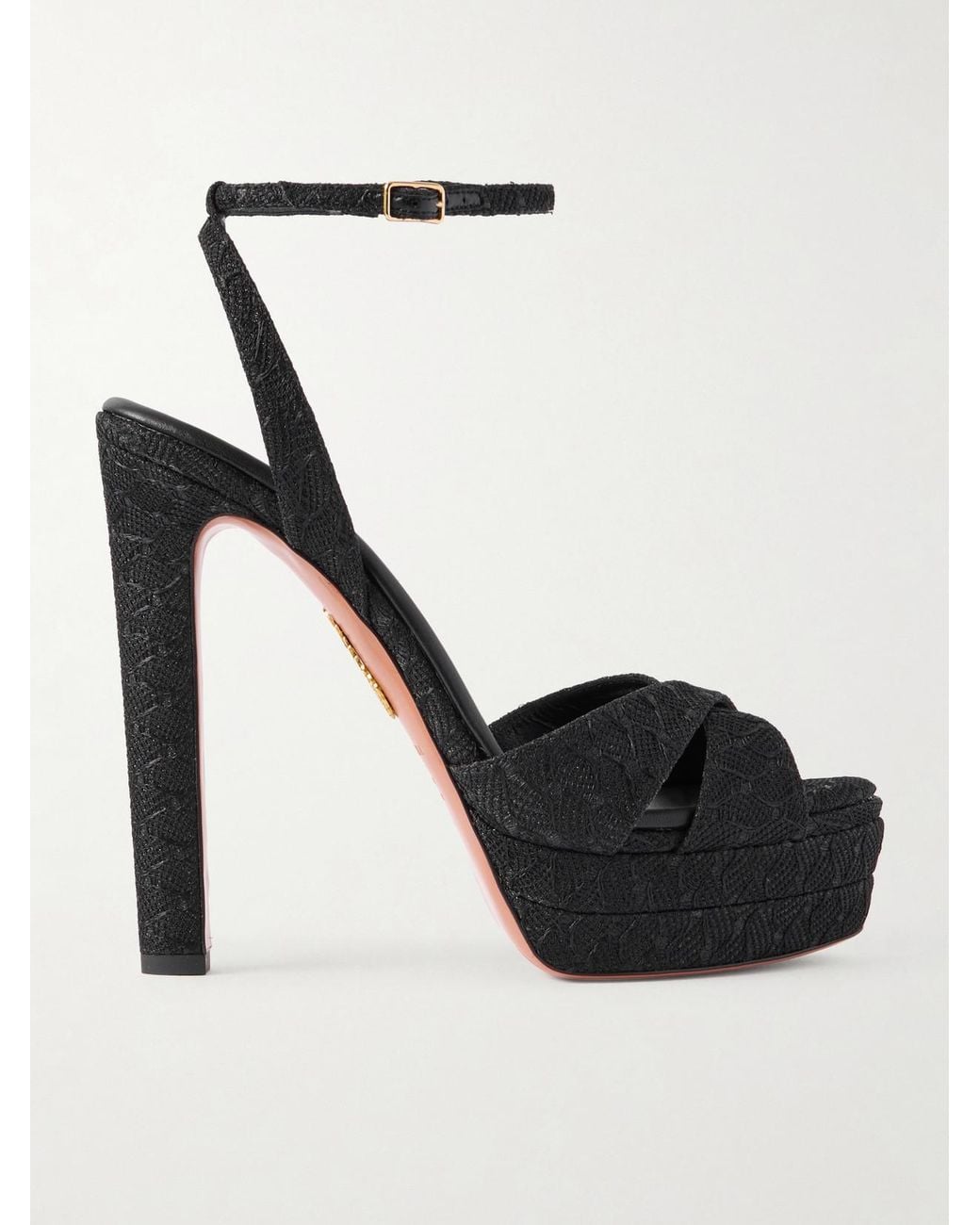 Aquazzura Divine Plateau 130 Metallic Woven Platform Sandals in Black ...
