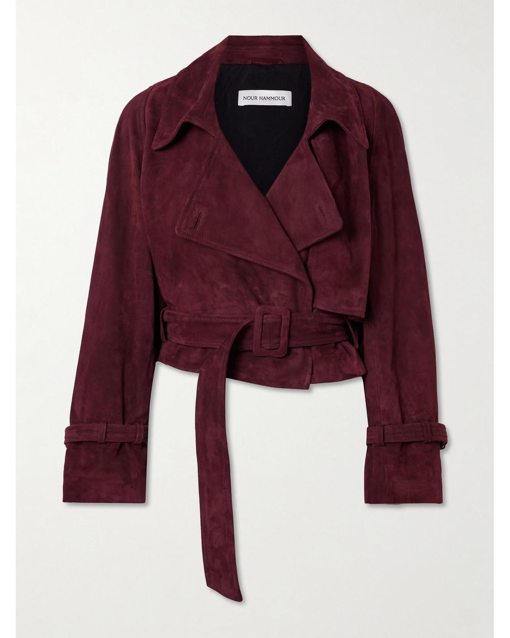 Nour Hammour Hatti Cropped Belted Suede Jacket in Red | Lyst