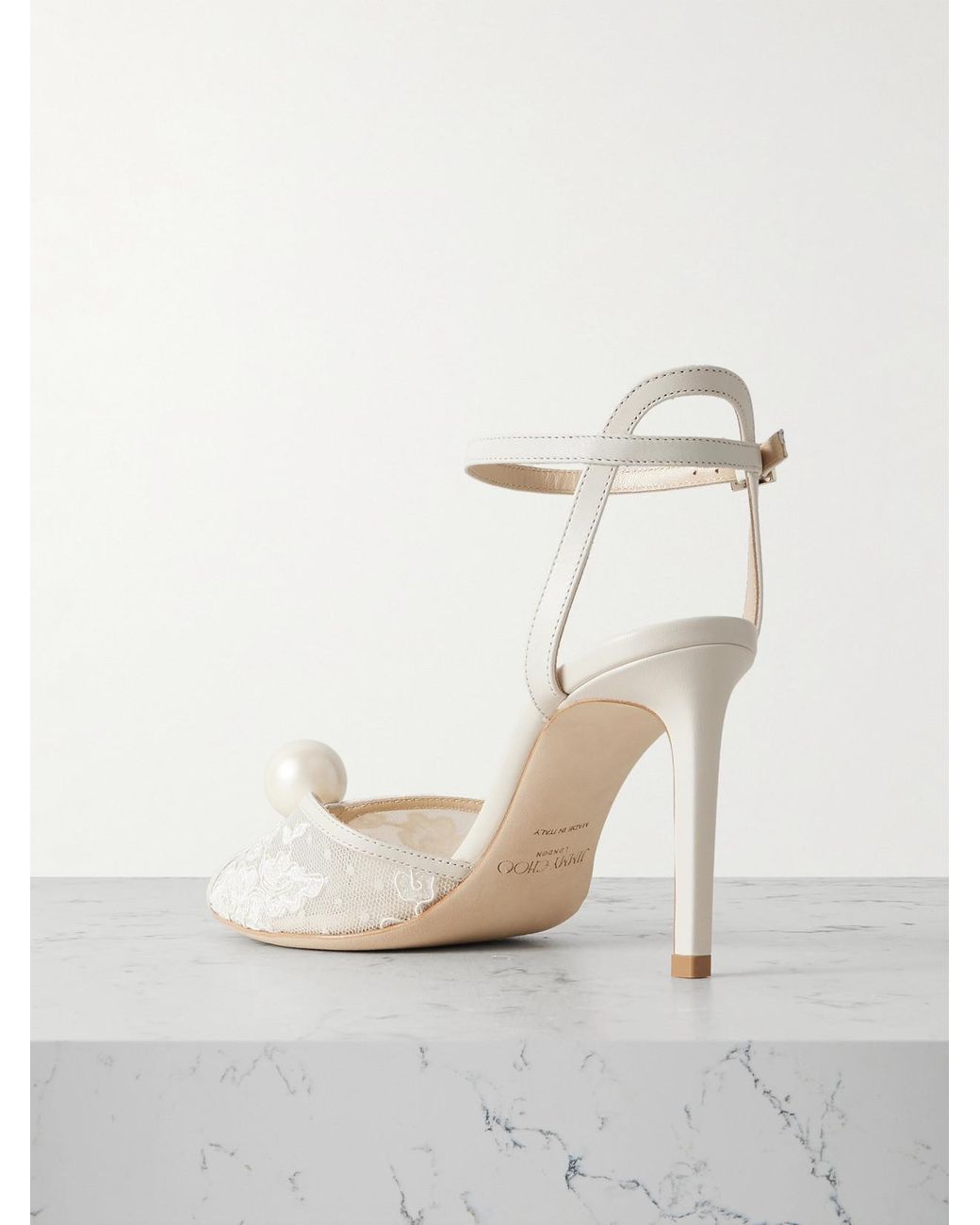 Jimmy Choo Sacora 85 Embellished Leather-Trimmed Lace Sandals in White ...