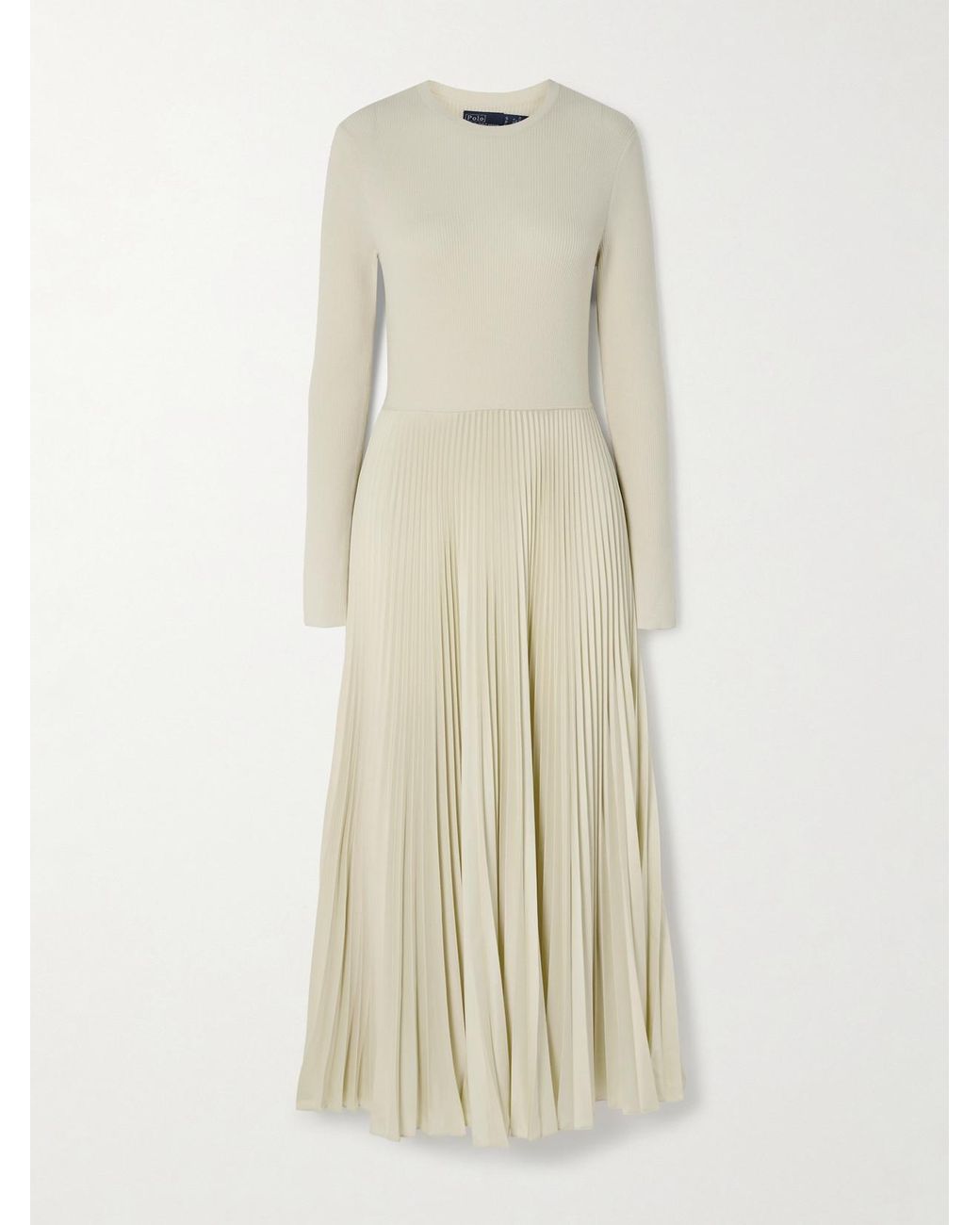 Polo Ralph Lauren Pleated Wool Ribbed-Knit Midi Dress in Natural | Lyst