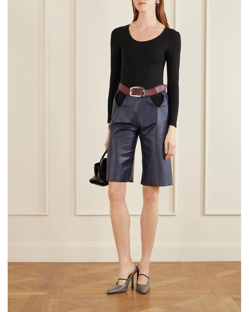 Jean Paul Gaultier Belted Cut-Out Leather Shorts in Blue | Lyst UK