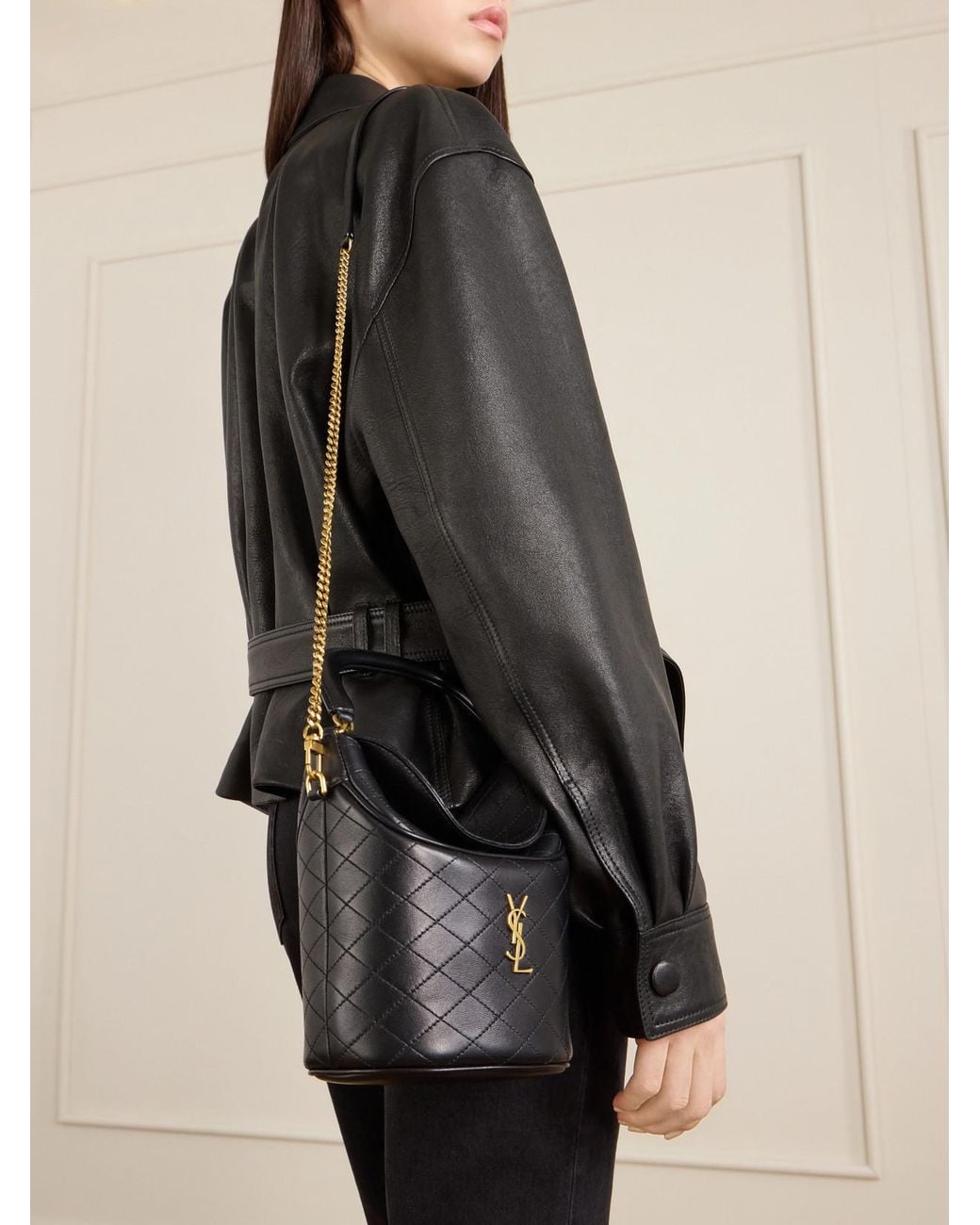 Saint Laurent Gaby Embellished Quilted Leather Bucket Bag in Black | Lyst