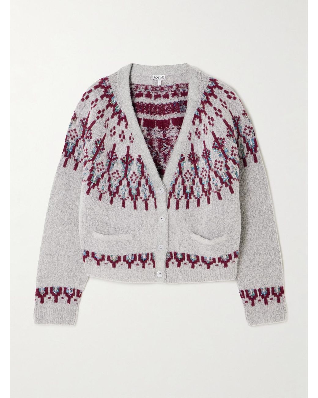 Loewe Sequin-Embellished Fair Isle Wool-Blend Cardigan in Grey | Lyst UK