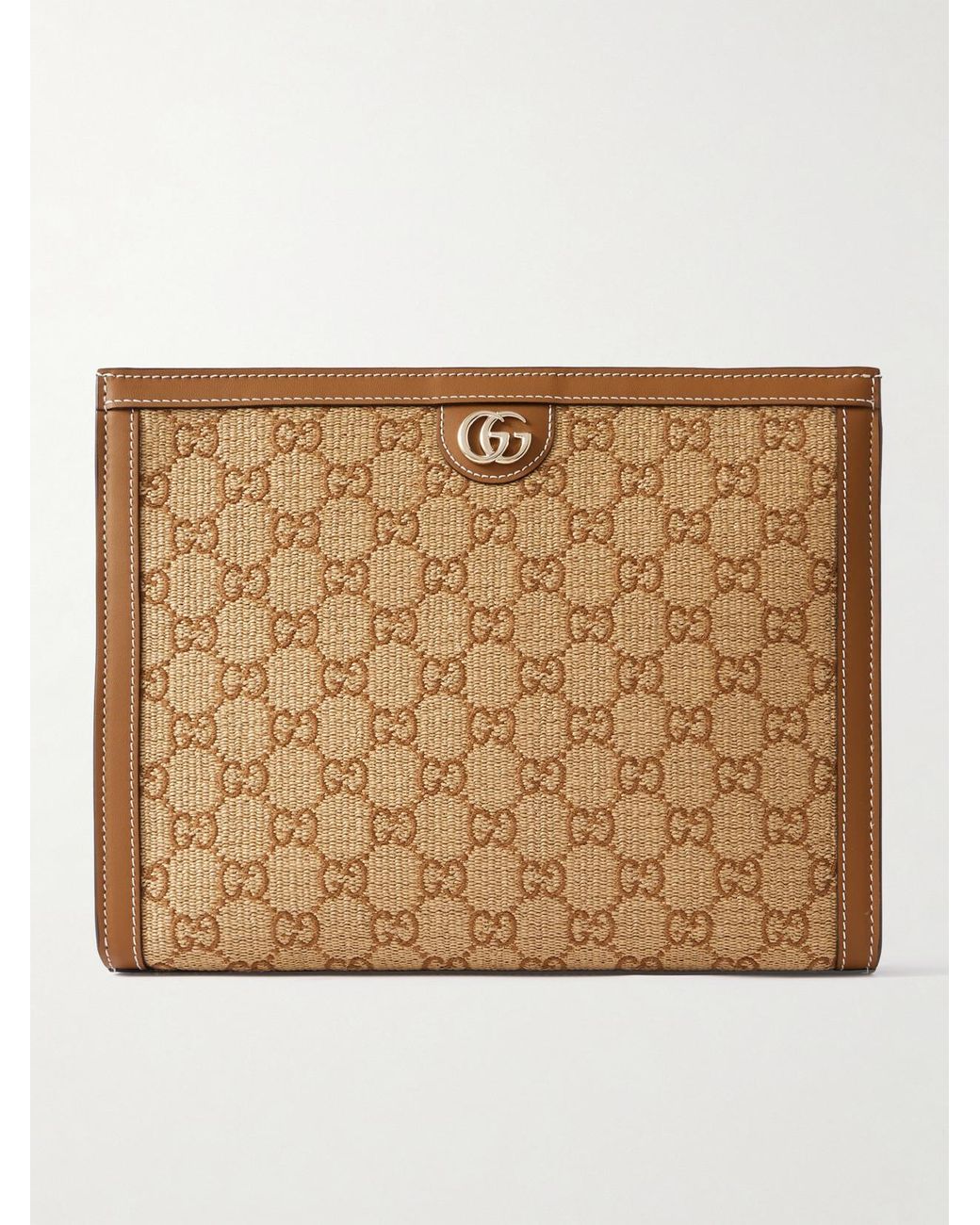 Gucci Ophidia Leather-Trimmed Logo-Jacquard Raffia Pouch in Natural | Lyst
