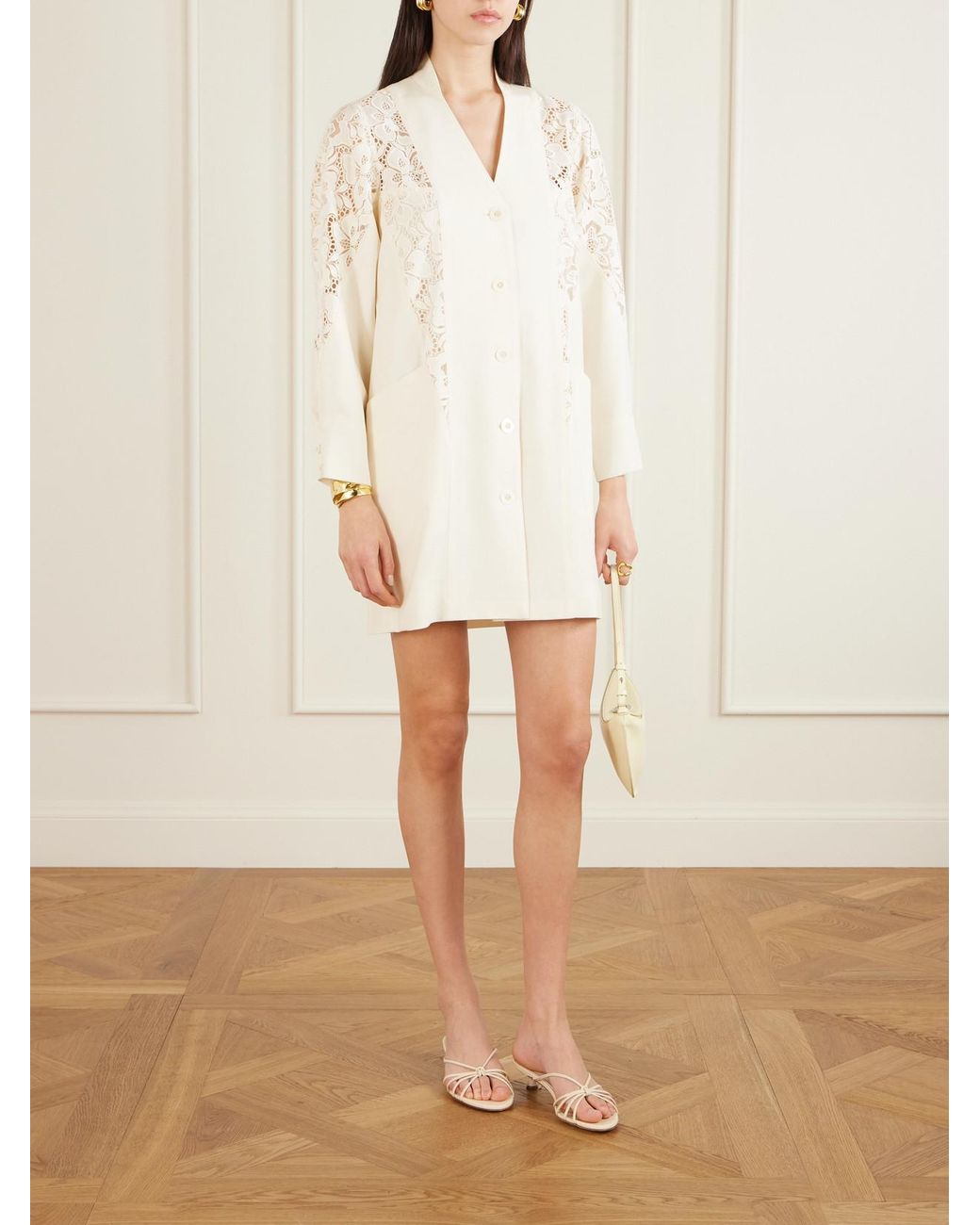 Maison Mayle Ines Lace-Trimmed Wool-Twill Mini Dress in Natural | Lyst
